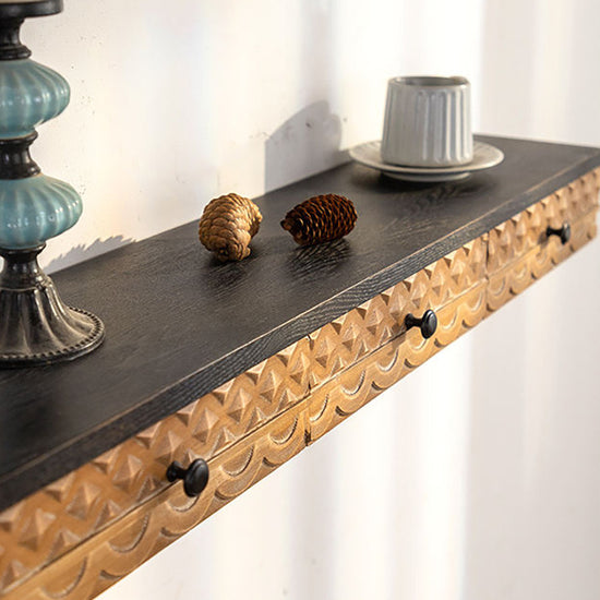 Rustic Carved Wood Floating Shelves with Drawers – 3 sizes Wall Mounte ...