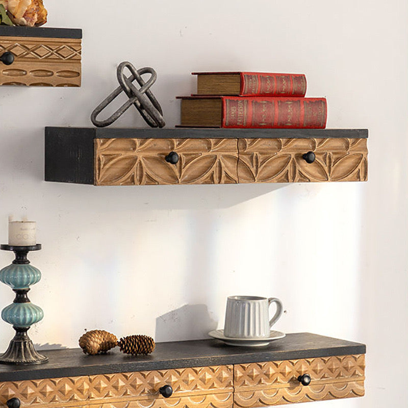 Rustic Carved Wood Floating Shelves with Drawers – 3 sizes Wall Mounte ...